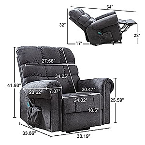 ANJ Large Power Lift Recliner Chair with Massage and Heat for Elderly Big People, Electric Wide Recliners, Heavy Duty and Safety Motion Fabric Reclining Mechanism with USB Ports, Side Pocket, Grey