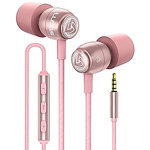 LUDOS Clamor Wired Earbuds in-Ear Headphones, 5 Years Warranty, Earphones with Microphone, Noise Isolating Ear Buds, Memory Foam for iPhone, Samsung, School Students, Kids, Women, Small Ears - Pink