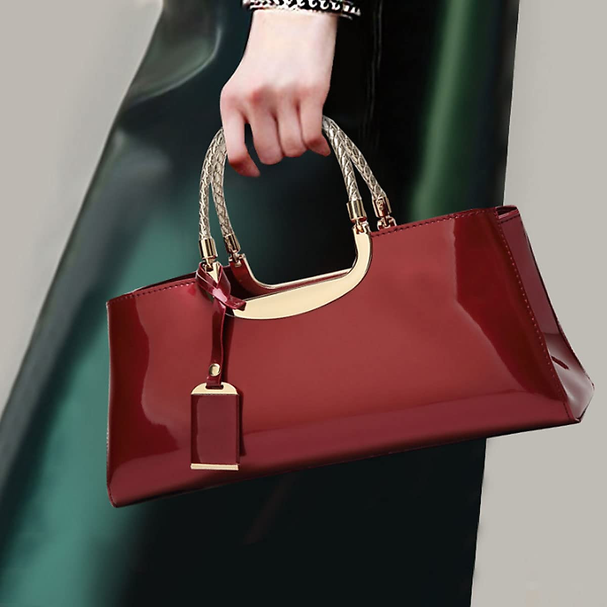 YAQUNICER Top-handle Handbags Purse Tote for Women Patent PU Satchel Gloss Wedding Shoulder Crossbody Bag-Wine