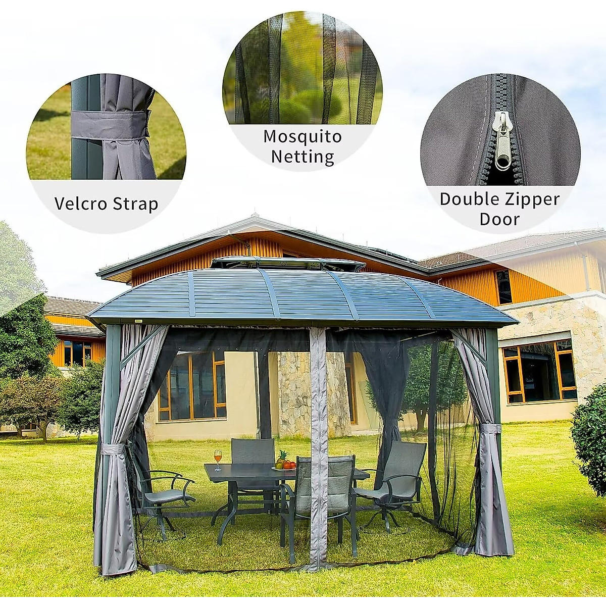 Domi 10'x12' Hardtop Gazebo Arc Canopy,Outdoor Aluminum Gazebo with Galvanized Steel Double Roof,Curtain and Netting,Permanent Gazebos Pavilion for Patio Deck,Backyard,Gray