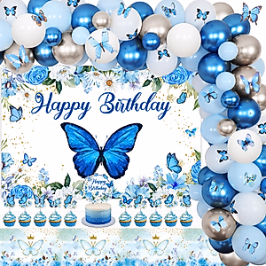 Balterever Blue Butterfly Birthday Party Decorations for Girl Butterfly Happy Birthday Backdrop Balloon Arch Kit Tablecloth Wall Stickers Cake Cupcake Toppers for Girl Butterfly Theme Birthday Party