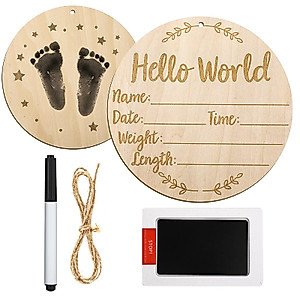 Wooden Baby Announcement Sign, 5.9 inch Baby Birth Announcement Sign with Ink Pad Markers Hello World Newborn Sign Baby Nursery Name Sign for Birthday Baby Showers Photo Props