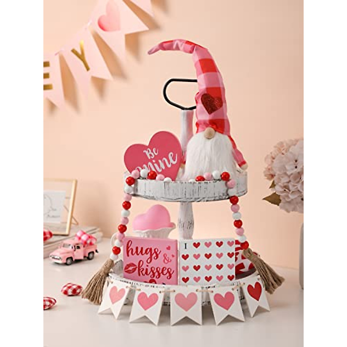 Valentine's Day Tiered Tray Décor Set of 6, Gnome Plush, Wooden Heart Wood Sign Heart Ornament, Valentine's Day Table Decoration Sign Décor