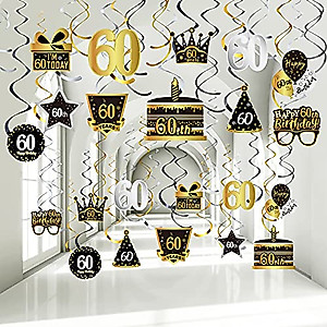 30 Pieces Birthday Party Decorations, Birthday Party Hanging Swirls, Silver Black Golden Cake Glasses Balloons Sign Foil Swirls Ceiling Decorations for Boy and Girl (60th Style)