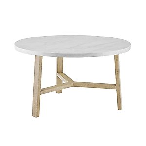 Walker Edison Mid Century Modern Round Coffee Table Living Room Accent Ottoman Storage Shelf, 30 Inch, Marble and Brown