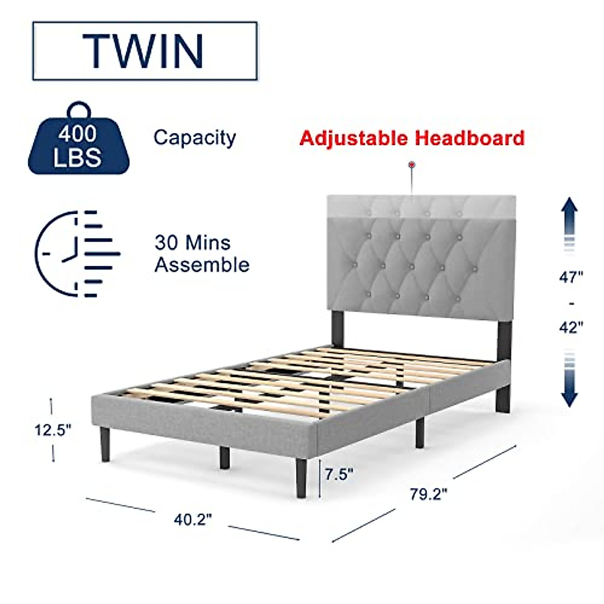 Molblly Twin Size Platform Bed Frame with Adjustable Headboard, Linen Fabric Wrap, Strong Frame and Wooden Slats Support, No Box Spring Needed, Non-Slip and Noise-Free, Easy Assembly, Light Grey