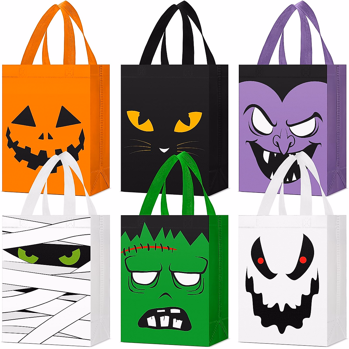 18 Pcs Halloween Candy Bags Reusable Non Woven Trick or Treat Gift Bags Cat Ghost Mummy Vampire Zombie Pumpkin Halloween Tote Bag with Handles Bulk for Halloween Party Kids Birthday