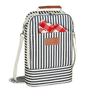 Tirrinia Insulated 2 Bottle Wine Gift Tote Bag - Wine Tumbler Glass Cooler Carrier for BYOB Restaurants, Wine Tasting, Travel, Park, Beach, Great Wine Lover Gift, Blue Stripe