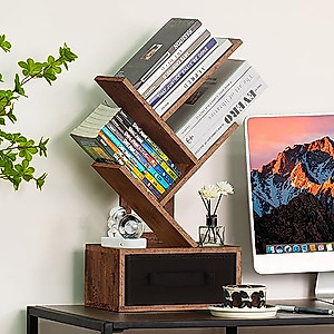 SHEEPAM Small Bookshelf with Drawer,3 Tier Tree Book Shelf,Wood Desk Bookshelves,Modern Free Standing Desktop Display Shelves,Brown Floor Standing Organizer Bookcase for Living Room,Bedroom,Office