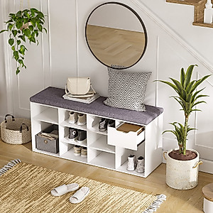 DINZI LVJ Shoe Bench, Entryway Storage Bench with Drawer and 11 Cubbies, Cubby Shoe Rack with Adjustable Shelves, Shoe Organizer Cabinet for Living Room, Bedroom, Mudroom, Closet and Garage, White