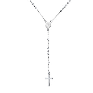 Bling Jewelry Religious Christian Dainty 2MM Round Ball Beaded Link Holy Mother Virgin Mary Delicate Simple Cross Prayer Rosary Rosario Chain for Women Teen Silver Tone Stainless Steel