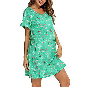 ENJOYNIGHT Womens Nightgowns Cotton Sleepwear Plus Size Sleep Shirts Short Sleeves Nightshirt Print Sleepshirt (Medium, Flamingo)