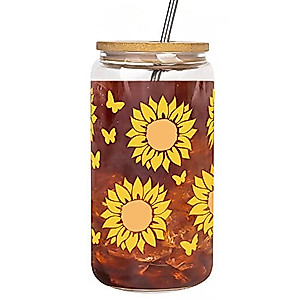 Lvoetgif Sunflower Gifts for Women, Iced Coffee Glass with Bamboo Lids and Straw, Beer Can Shaped Drinking Glass Cup, Inspirational Birthday Sunshine Christmas Gifts for Mom, Best Friend, Wife
