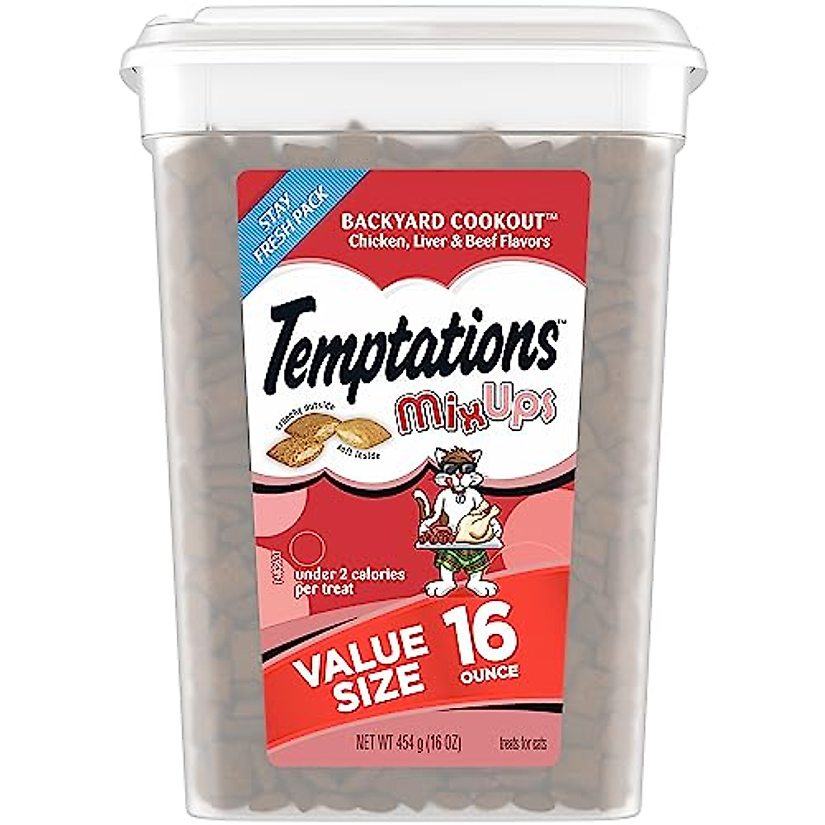 TEMPTATIONS MIXUPS Crunchy and Soft Cat Treats Backyard Cookout Flavor, 16 oz. Tub