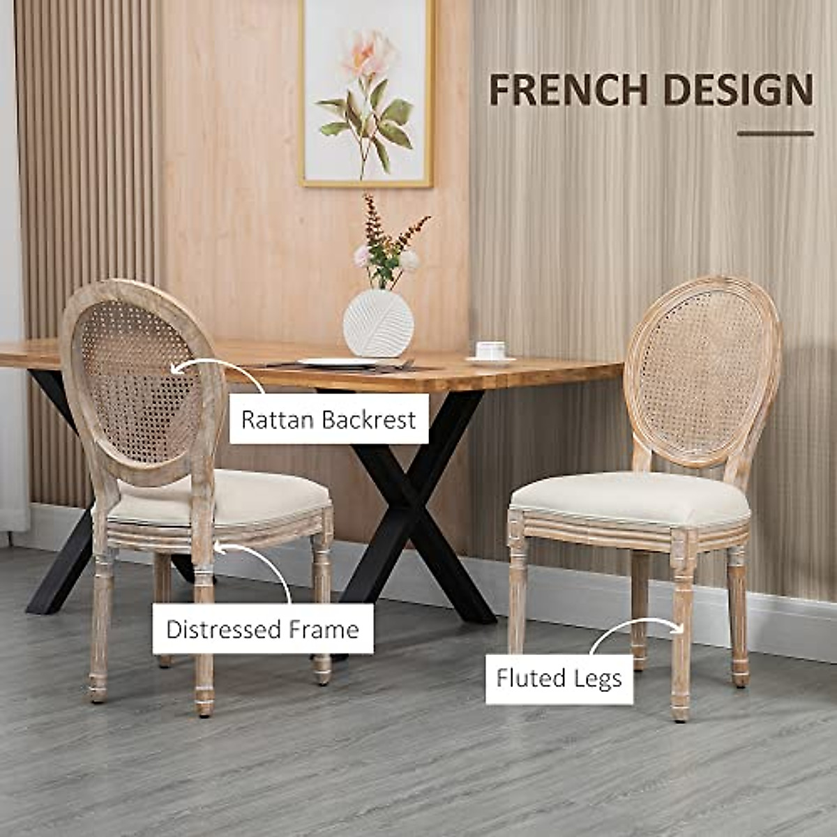HOMCOM French-Style Upholstered Dining Chair Set, Armless Accent Side Chairs with Rattan Backrest and Linen-Touch Upholstery, Set of 2, Cream White