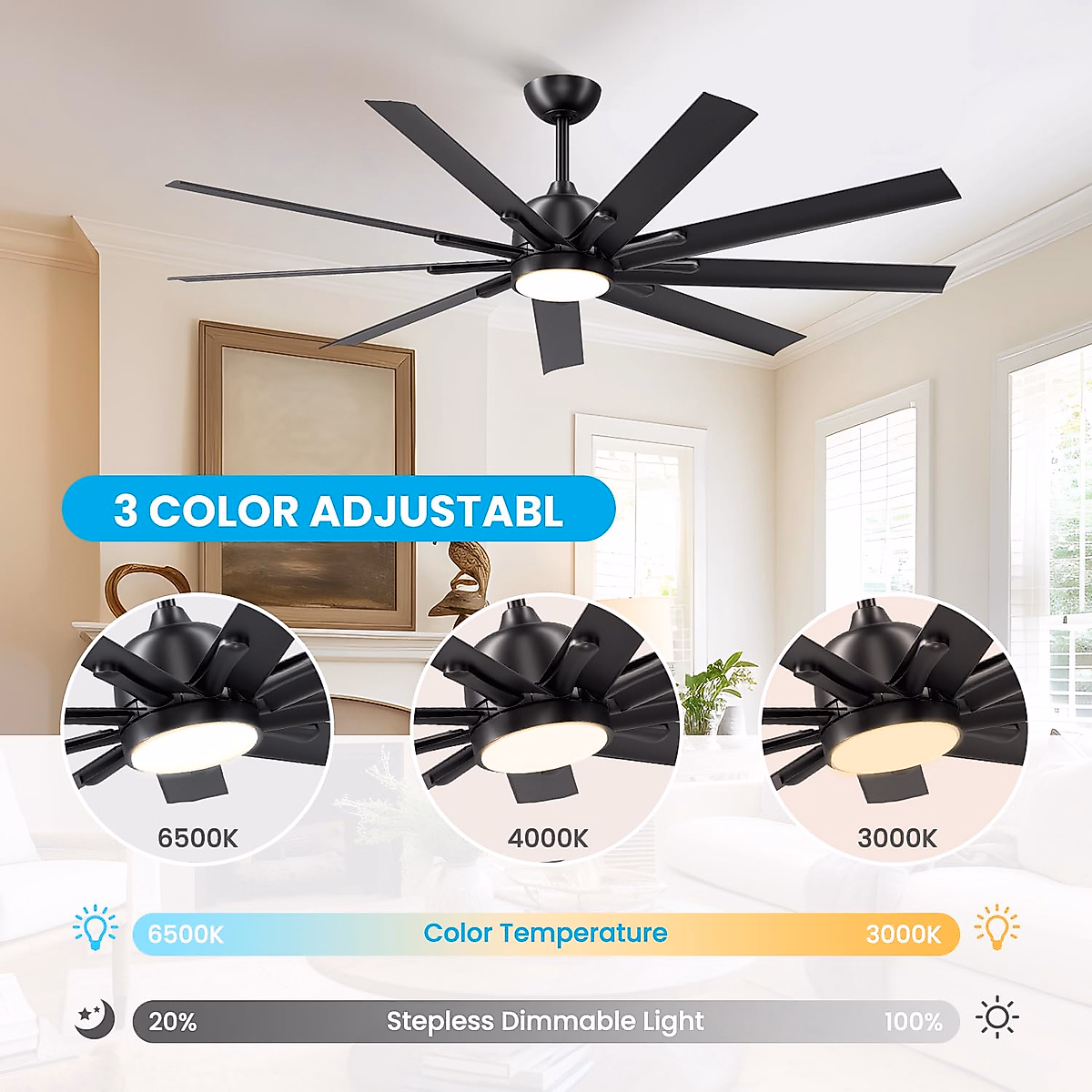 CJOY 62 inch Aluminium Ceiling Fan with Lights, Outdoor Black Ceiling Fan Light with Remote Control, 9 Blades Reversible DC, Dimmable LED Light Fan for Bedroom