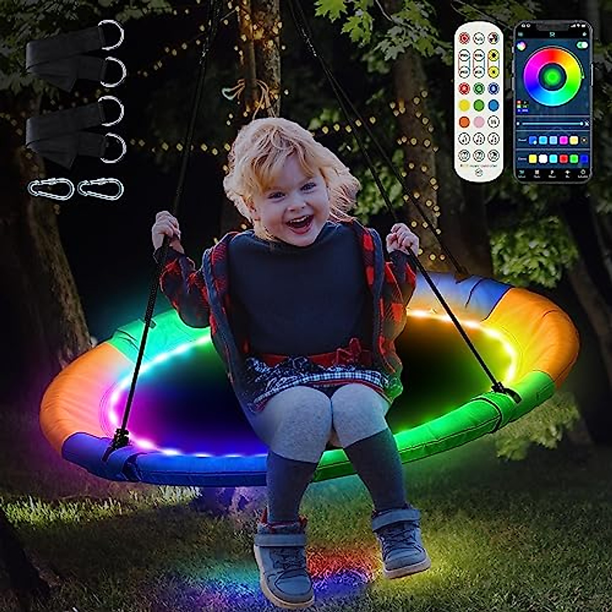 LFSMVT LED Saucer Tree Swing, 40 Inch Light Up Kids Swing Set with APP & Remote Control, Music Sync, Waterproof Round Circle Swings for Kids Outdoor, Playground, Backyard