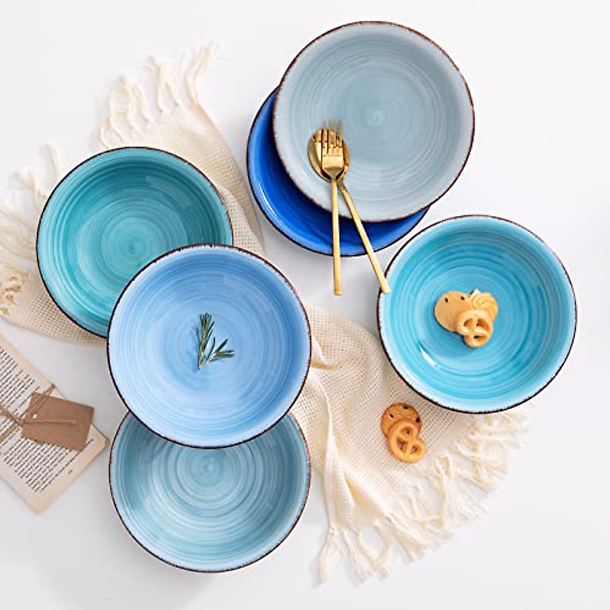 vancasso Stoneware Dinnerware Set Bonita Blue 18-Piece Service for 6, Handpainted Spirals Pattern Ceramic Combination Set with 10.6in Dinner Plate, 8.2in Dessert Plate and 21oz Soup Bowl