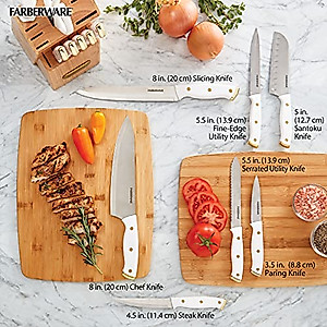 Farberware 15-Piece Triple Riveted Knife Block Set, High Carbon-Stainless Steel Kitchen Knives, Razor-Sharp Knife Set with Wood Block, White and Gold