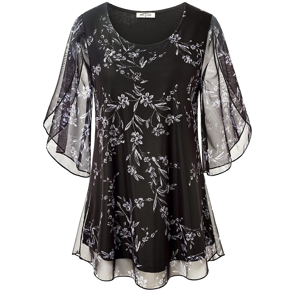 SeSe Code Chiffon Blouses for Women Business Casual Bell Sleeve Tops for Women Formal Tops Plus Size Tunic Tops Mesh Loose Fitting Tops Black XXL
