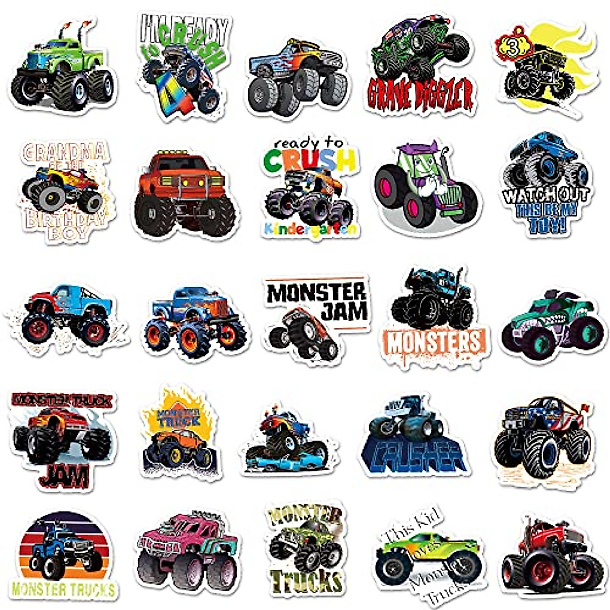 DULEFUN 50PCS Monster Truck Stickers, Truck Car Stickers for kids, Car Stickers Waterproof for Water Bottles Skateboard Car Bike Phone Case Laptop Suitcase, Monster Truck Gifts for Girls Boys Party Gifts, Monster Truck Party Favors