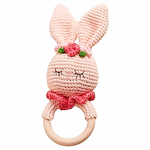 Chippi & Co Crochet Wooden Baby Rattle, Crochet Baby Toys Stuffed Animals Easter Gifts for Kids, Wooden Newborn Toys, Easter Basket Stuffers, Basket Filler for Girls, Boys, Bunny Decor (Clover Bunny)