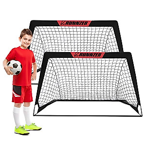 L RUNNZER Kids Soccer Goals Set of 2, Soccer Nets for Backyard Practice or Indoor Games, Easy Assembly and Storage with Carry Case,4ft*3ft,2 Set Black
