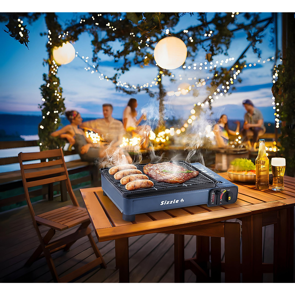 Sizzle Goods Portable Butane Gas Grill with Iwatani Style Stainless Steel Cooking Grate and Nonstick Griddle, Indoor Tabletop Stove, Camping, Korean BBQ, Japanese Yakitori, Yakiniku, Asador Fugitivo