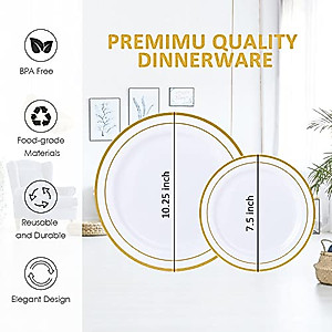 Gold Plastic Plates, MCIRCO 100 Pieces Disposable Party Plates for Weddings, Premium Gold Rim Plates, Include 50 10.25 Inch Dinner Plates and 50 7.5 Inch Dessert Appetizer Plates