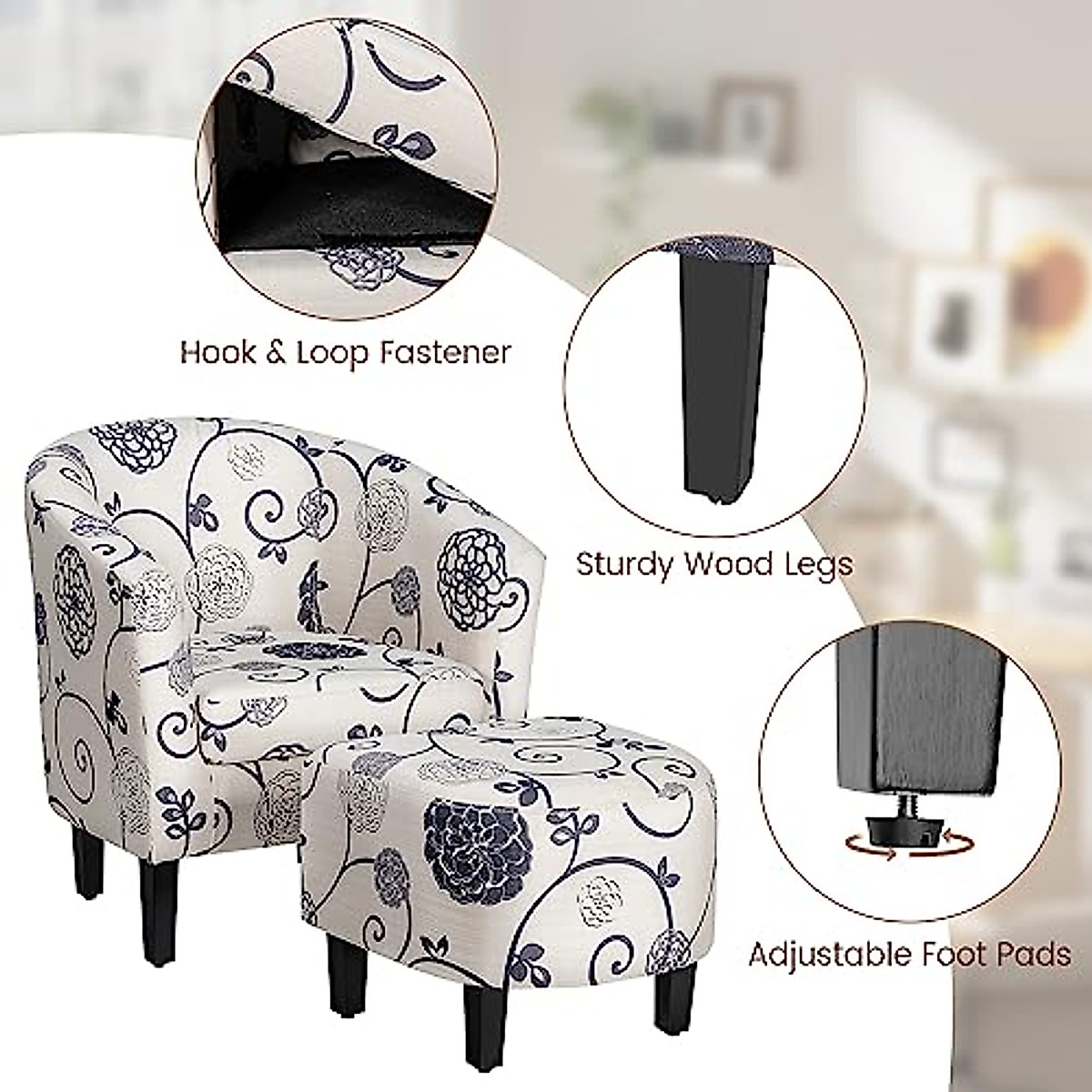 Giantex Accent Chair with Ottoman Set, Upholstered Barrel Chair with Footrest, Modern Accent Armchair with Ottoman, Round Club Chair for Living Room, Bedroom, Small Space