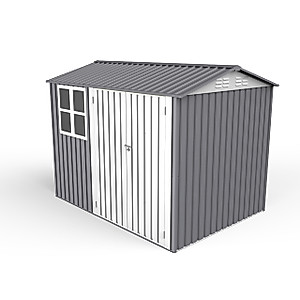 Large Metal Outdoor Storage Shed, 6 x 8 Ft, with Window, Galvanized Steel, Gray, for Backyard Garden Tools
