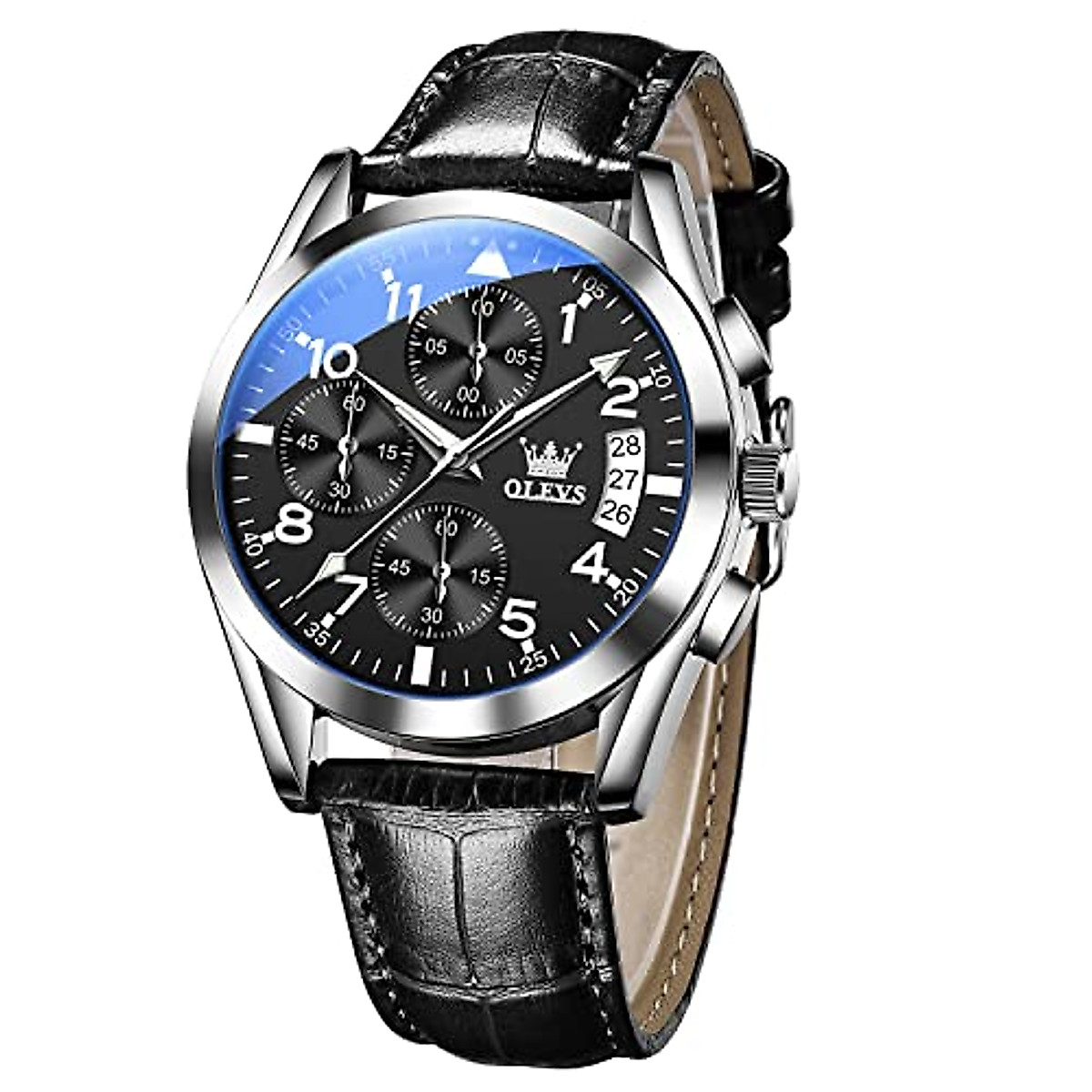 Men's Watches Black Face Silver Bezel Quartz Chronograph Watch for Men Arabic Number Luxury Mens Faux-Leather Bracelet Watches Multi-Function Easy Wear Classic Men Gifts for Him Watch Reloj De Hombre