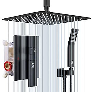 SR SUN RISE 12 Inch Ceiling Mount Matte Black Shower System Bathroom Luxury Rain Mixer Shower Combo Set Ceiling Rainfall Shower Head System Faucet Trim Repair Kits Rough-in Valve and Trim Included