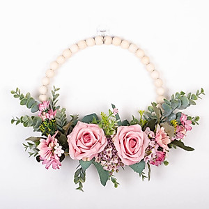 Artificial Flower Wreath,Wood Beads Rose Wreath, Indoor/Outdoor Farmhouse Wreaths for Front Door Decor