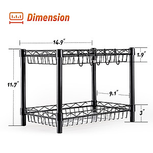 Wahopy Under Sink Organizer, 2 Tier Under Sink Shelf, Bathroom Kitchen Cabinet Under Sink Storage Rack, 2 Wire Baskets with Hooks, Sturdy Metal, Black