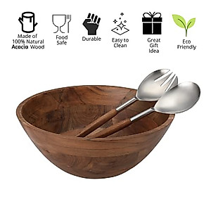 Folkulture Salad Bowl or Salad Bowl With Servers, Salad Bowls or Wooden Bowls for Food in 3 Colors, 12" D x 5" H, Acacia Wood, Wooden Salad Bowl Set, Round Mixing Bowl, Natural Finish