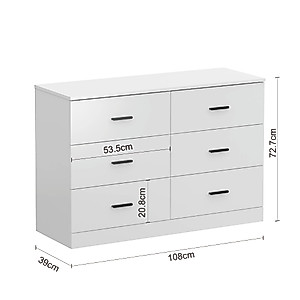 Modern 6 Drawer Dresser for Bedroom, Wood Wide Chest of Drawers Floor Storage Lateral Drawer Cabinet Organizer with Metal Handles for Home Office (White)