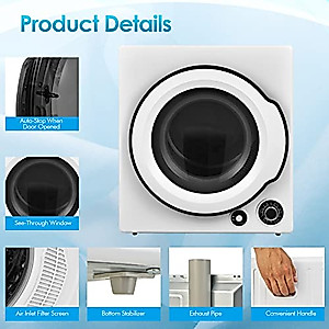 PETSITE Compact Laundry Dryer, Electric Portable Clothes Dryers With Stainless Steel Drum & Exhaust Pipe, 13.2 lbs Capacity, 5 Drying Modes for Apartments, Home, Dorm, 1350W, White