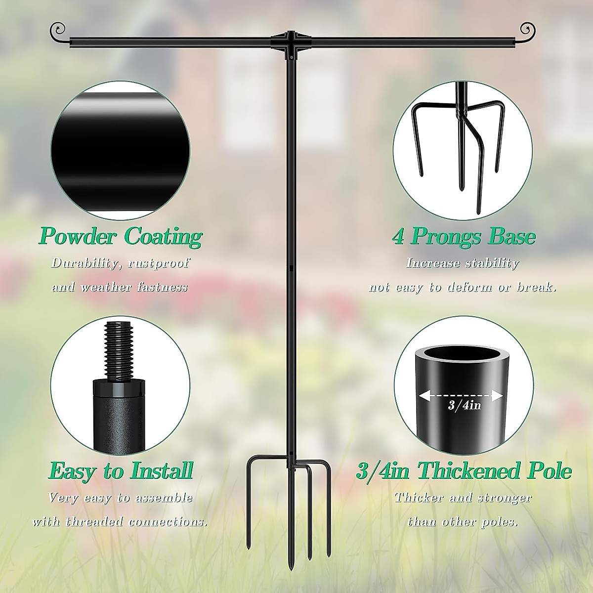 FFILY Garden Flag Stand Holder with 4 Prong Base for Double Flags - 3/4 Inch Extra Thick Heavy Duty Yard Flag Holder for Outside 12x18 Home Patio Decor