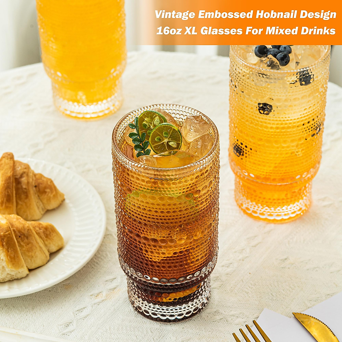 KEMORELA Elegant Highball Glassware Set - 16oz XL Glasses - Mixed Drinks, Iced Coffee, Beer, Juice, Water - Hobnail, Beaded Designs - Set of 4 | Stylish Collection for Any Occasion