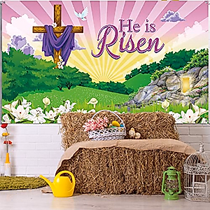 Happy Easter Day Decorations He Is Risen Backdrop Photography Banner, Large Fabric Easter Cross Religious Backdrop Background for Jesus Easter Spring Party Decorations, 72.8 x 43.3 Inch