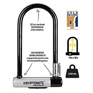 Kryptonite Kryptolok Standard Bike U-Lock with Cable, Heavy Duty Anti-Theft Bicycle U Lock, 12.7mm Shackle and 10mm x 4ft Length Security Cable with Mounting Bracket and Keys