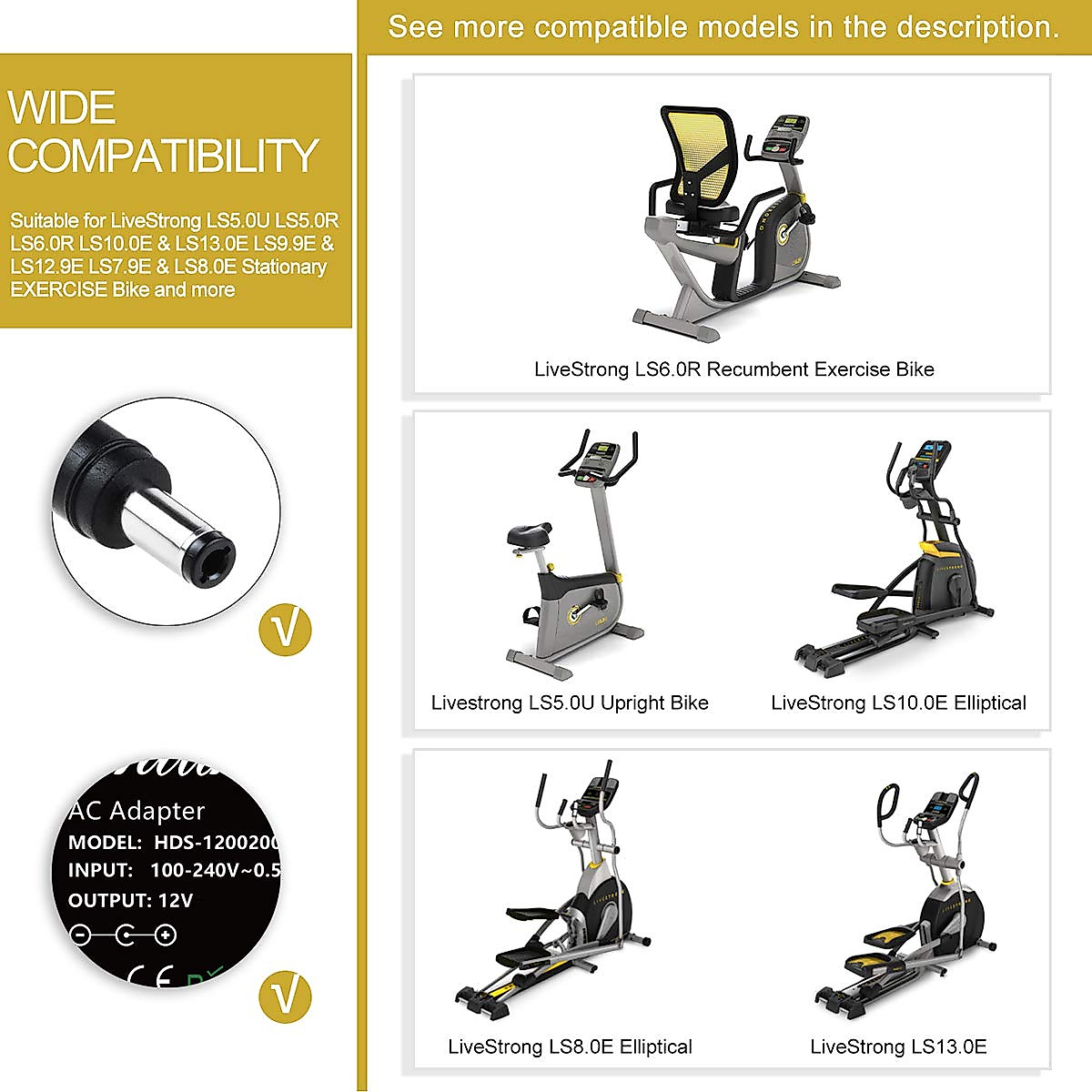 Omilik UL Listed AC Adapter for Livestrong LS5.0U LS5.0R LS6.0R Stationary Exercise Bike LS7.9E & LS8.0E Elliptical LS9.9E & LS12.9E Incline Elliptical Cross Trainer LS10.0E & LS13.0E Trainer Exercise