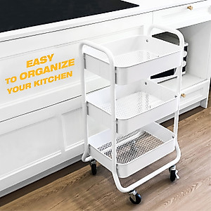 Homestead 3-Tier Rolling Cart - Heavy Duty Metal Rolling Cart, Lockable Casters, Multifunctional Storage Shelves - Great for Kitchen, Office, Bathroom, Laundry Room (White)
