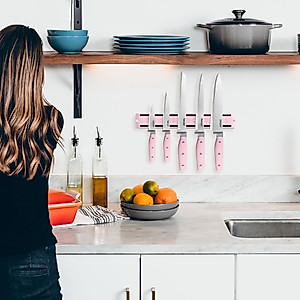 hecef Kitchen Knife Set with Magnetic Strip, 6 pcs Professional Knives Set for Kitchen, 13-inch Magnetic Strip Stainless Steel Sharp Chef Knife Set with Pink Handle for Cutting Meat & Vegetable