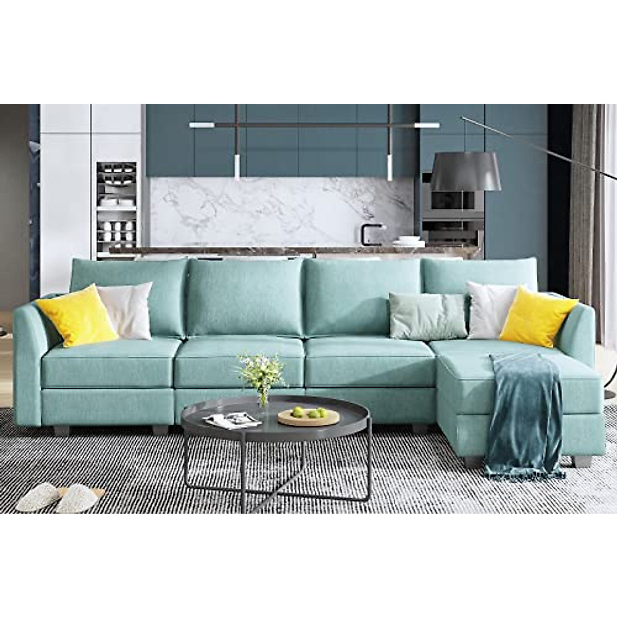 HONBAY Reversible Sectional Sofa L Shaped Couch with Storage Convertible Modular Sofa with Chaise, Aqua Blue