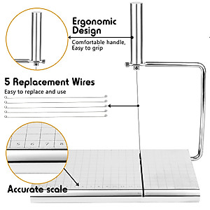 Stainless Steel Cheese Slicer with Accurate Size Scale Includes Wire Cheese Slicer, 5 Replacement Wires Cheese Cutters and 4 Mini Stainless Steel Cheese Knives Butter Knife & Fork for Cheese Butter