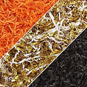 LOMIMOS 300g/10.6oz Halloween Raffia Paper Confetti Shred,Orange Black Gold Cut Paper Filler for Gift Wrapping Craft DIY Packaging Filling Party Decoration
