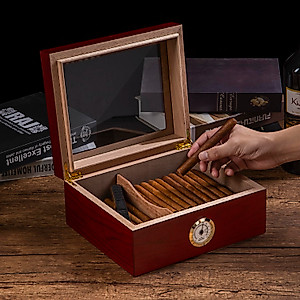 Somduy Cigar Humidor for 30-50 Cigars with Humidifier and Hygrometer,Desktop Cedar Wood Cigar Box Storage Case with Divider, Glass Top, Gift for Men,Reddish Brown