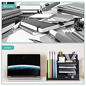 Tisediwer 4 Trays Paper Organizer Letter Tray, 4 Tier Paper Letter Office Desk Organizer with Upright File Holder, About 40 Paper Clips, 5 Binder Clips